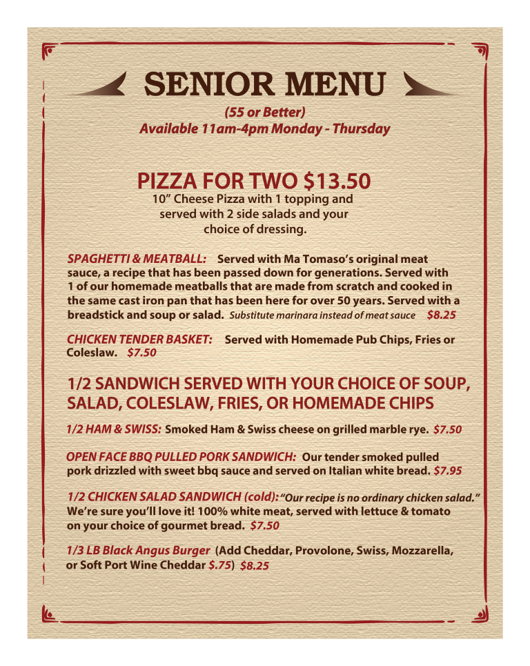 Senior Menu - Nextdoor Pub & Pizzeria - Serving Lake Geneva and its ...
