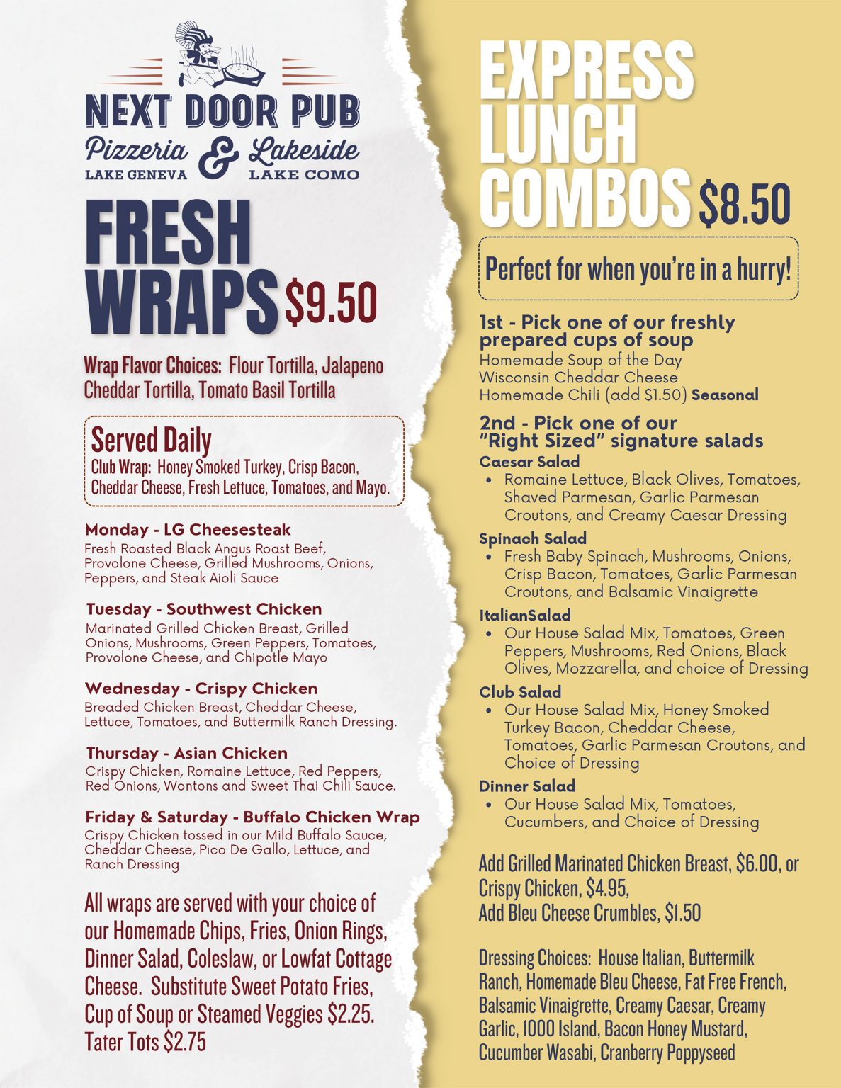 Daily Wrap/Express Lunch Menu - Nextdoor Pub & Pizzeria - Serving Lake ...